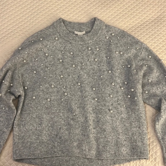 H&M | Sweaters | Hm Pearl And Rhinestone Studded Grey Sweater Size Xs ...
